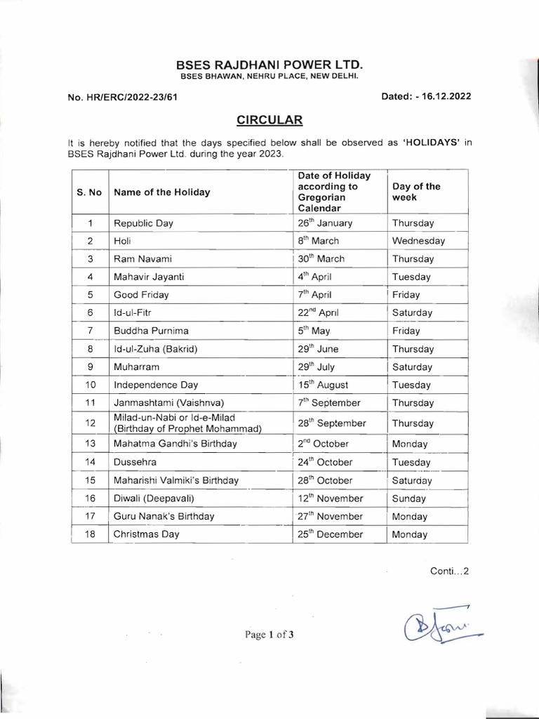 Holidays List 2023 | PDF | Observances | Public Holiday