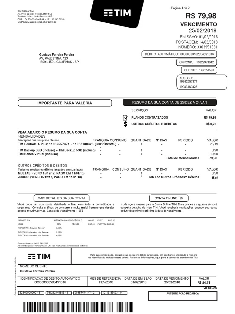 Conta Tim | PDF | Pagamentos | Dinheiro