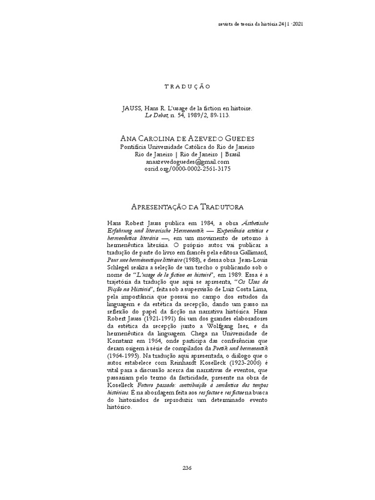 Hans Robert Jauss - Os Usos Da Ficção Na História | PDF ...