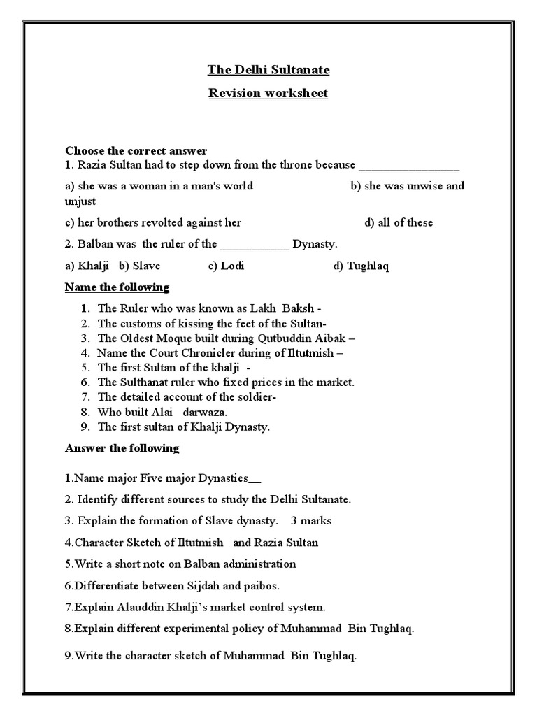 Delhi Sultanate-Revision Worksheet | PDF