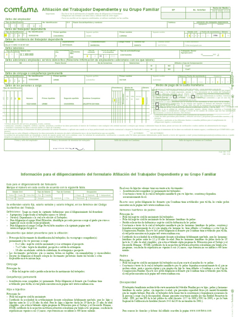 Formato Afiliacion Comfama | PDF