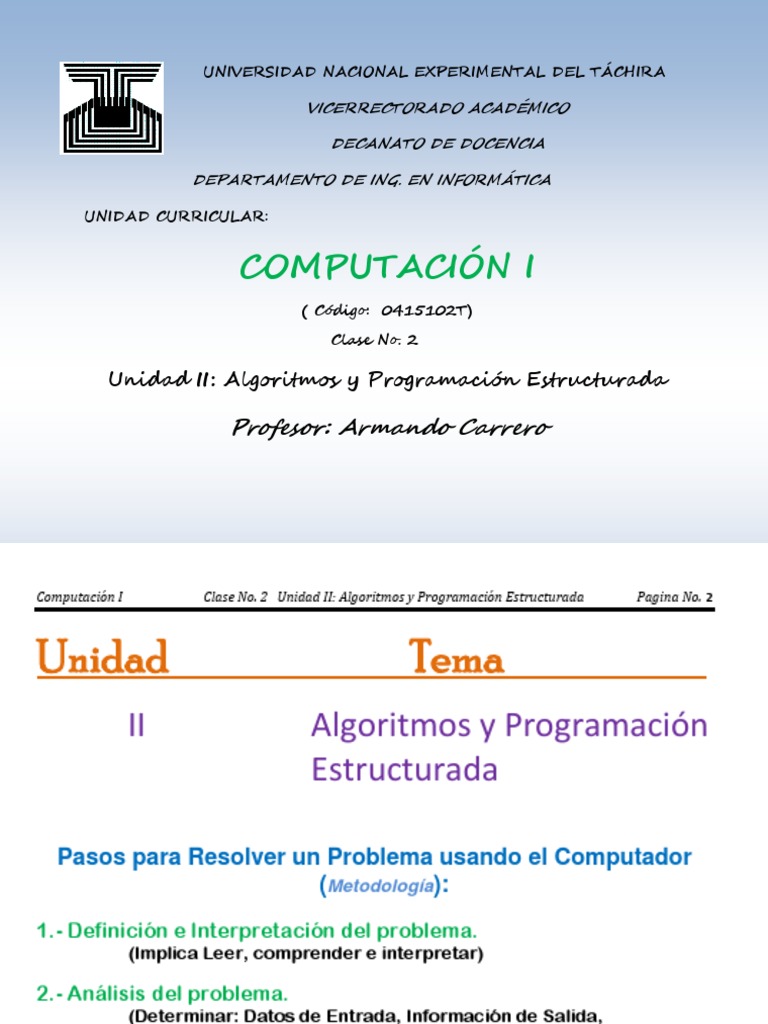 Clase No. 2. Unidad II Algoritmos y Programación Estructurada | PDF | Algoritmos | Programa de ...