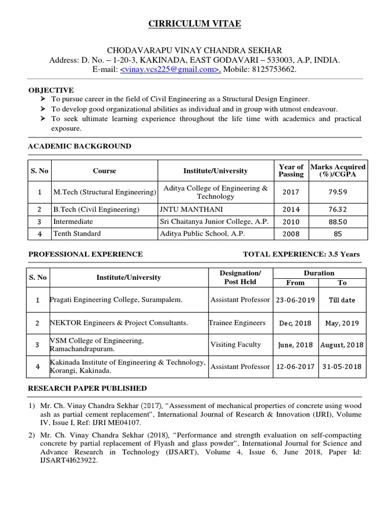 Vinay Resume Updated | PDF | Concrete