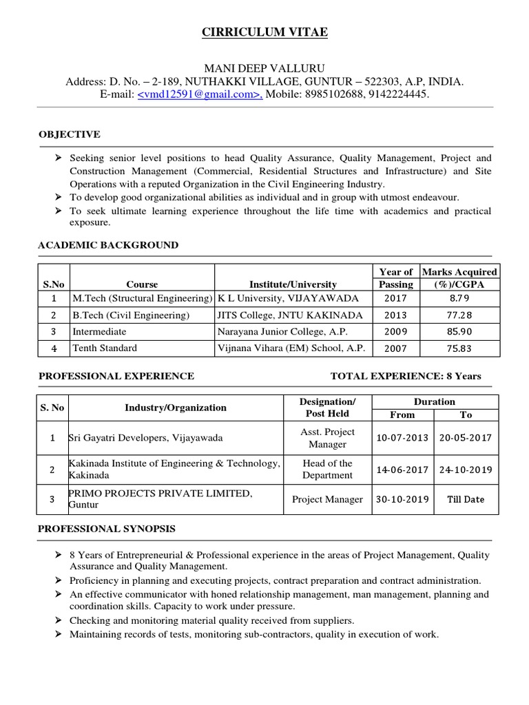 V. Mani Deep - Resume | PDF | Bridge