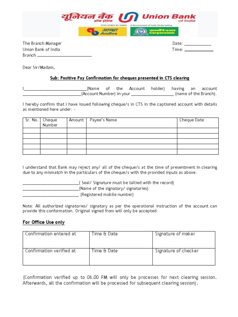 Positive Pay Confirmation Letter Template | PDF
