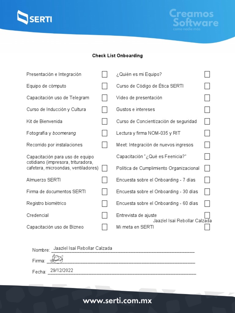 Check List de Onboarding SERTI | PDF | Crecimiento personal y profesional