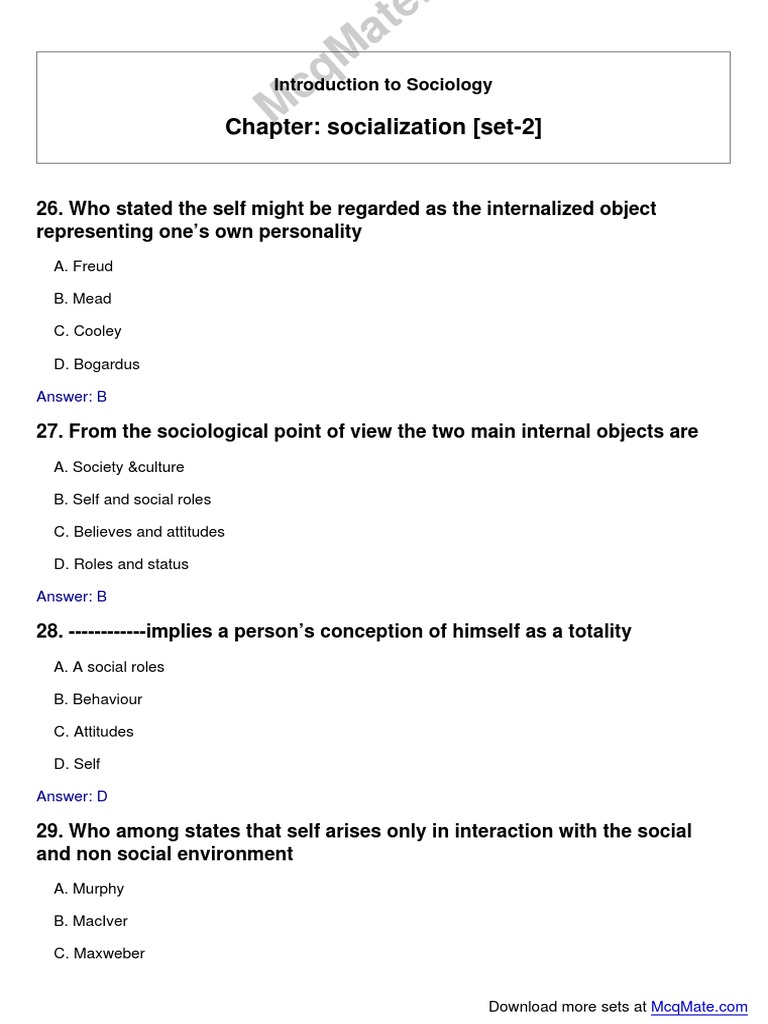 Introduction To Sociology (Socialization (Set-2) ) Solved MCQs | PDF ...