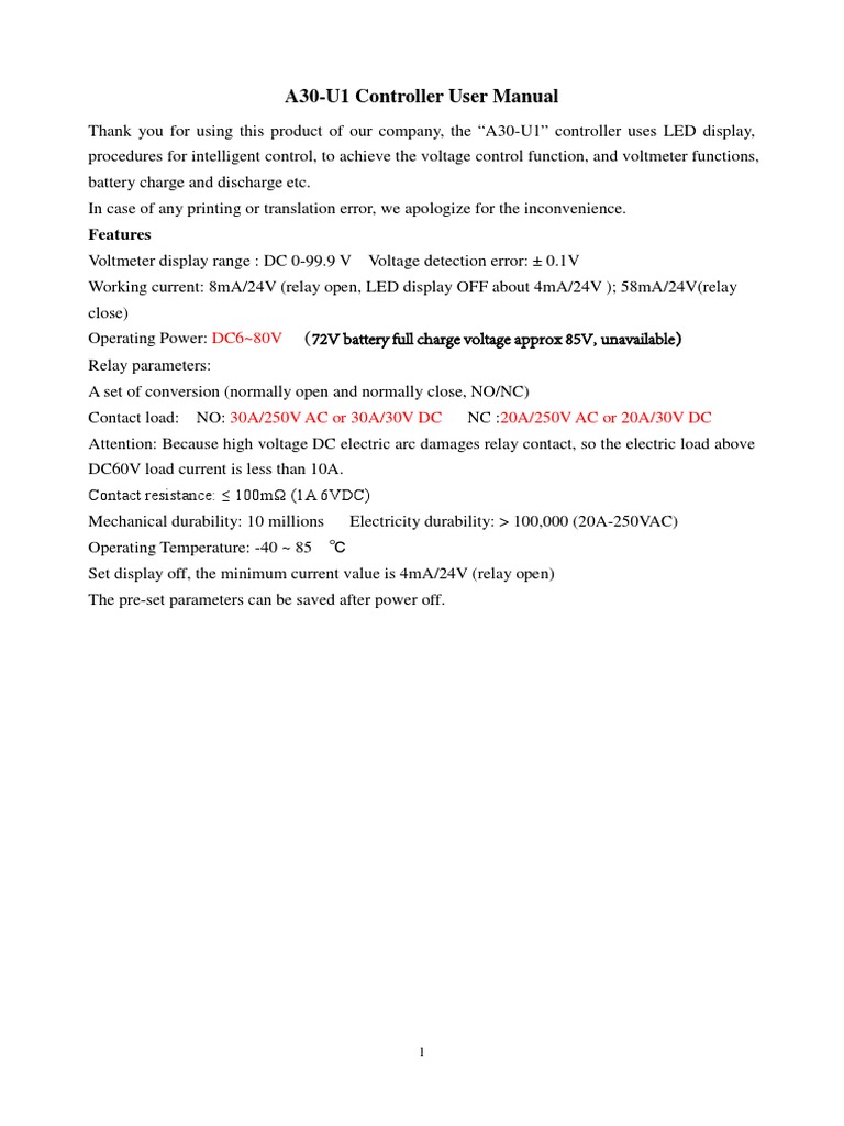 A30-U1 Controller User Manual | PDF | Relay | Direct Current