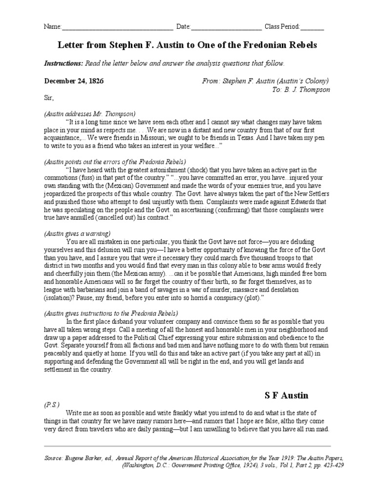 TX Hist. 11 11 Letter From SFA To Fredonia Rebels | PDF