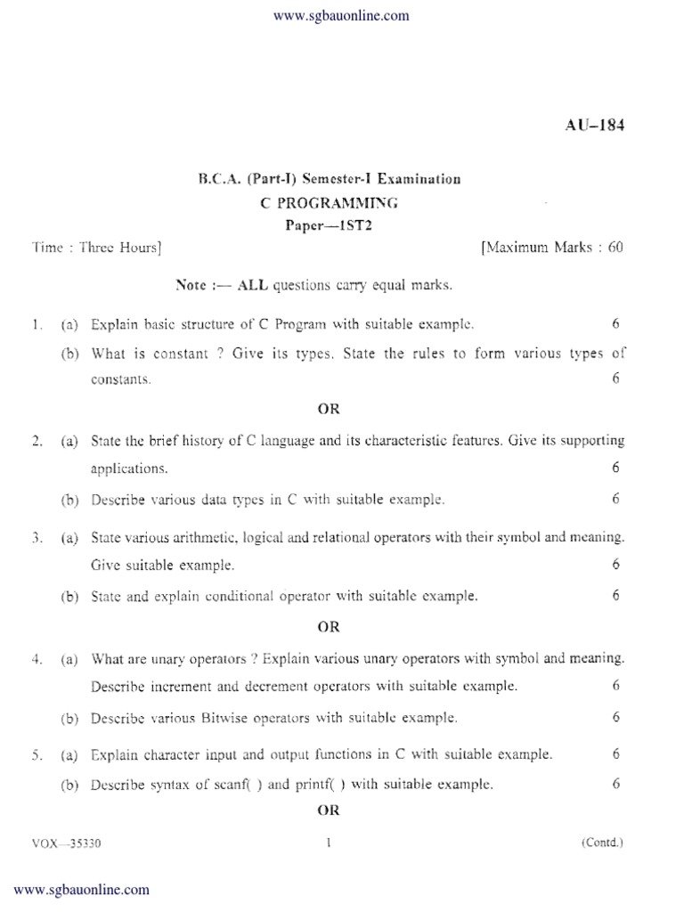 Bca 1 Sem C Programming Summer 2018 | PDF | Pointer (Computer Programming) | Computer Science