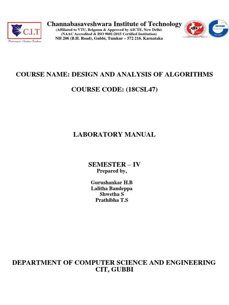 ADA Manual - 18CSL47 | PDF | Computing | Applied Mathematics