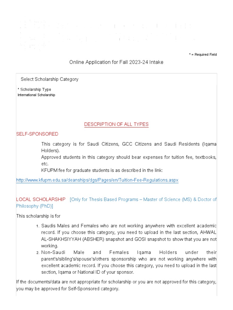 Online Application For Fall 2023-24 Intake: Description of All Types Self-Sponsored | PDF ...