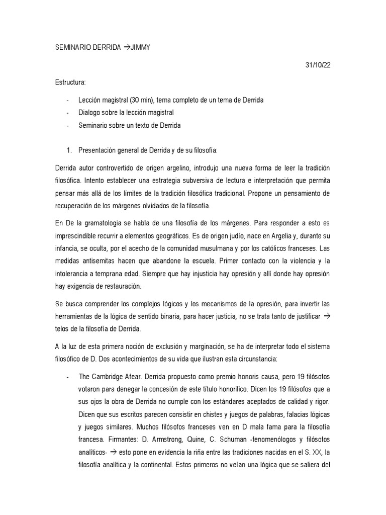 Seminario Derrida | PDF | Deconstruccion | Martin Heidegger