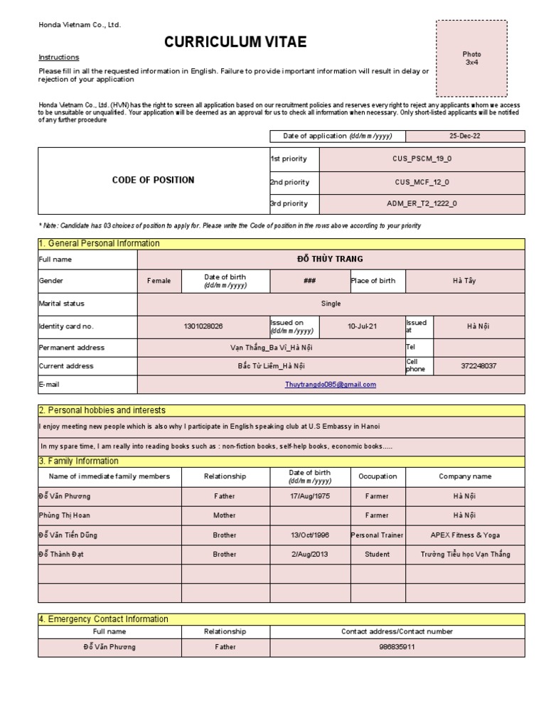 Honda Vietnam Job Application | PDF