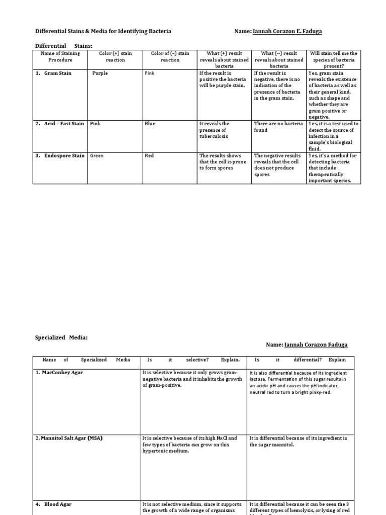 Differential Stains Media For Identifying Bacteria Study Table | PDF ...