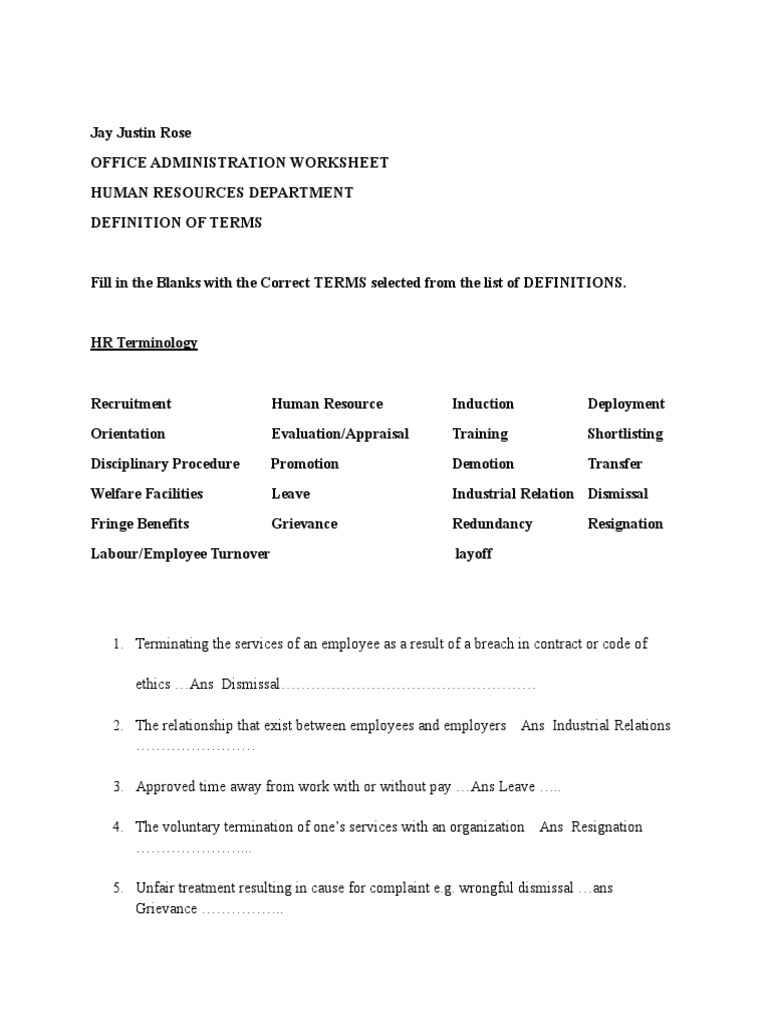 Human Resources Department Terms Matching Exercise | PDF | Employment ...