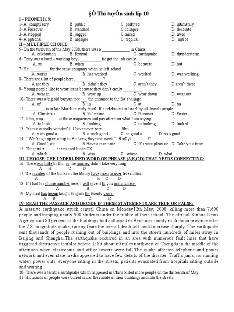 10th Grade Entrance Exam Practice Test | PDF | Earthquakes | Disasters