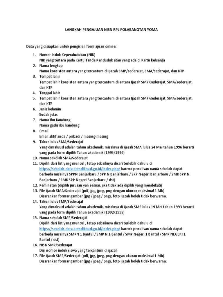Langkah Pengajuan NISN RPL | PDF