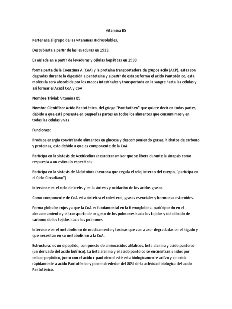 Vitamina B5 Pdf Metabolismo Compuestos Orgánicos