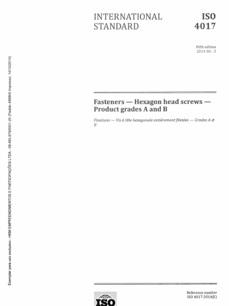 ISO 4017 - 2014 - Fasteners - Hexagon Head Screws - Product Grades A and B | PDF