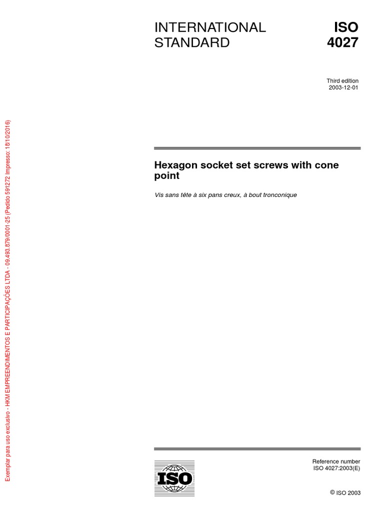 ISO 4027 - 2003 - Hexagon Socket Set Screws With Cone Point | PDF | Screw | International ...