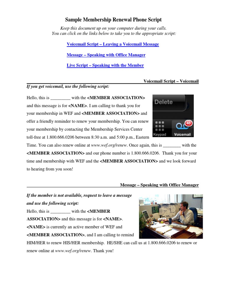 Sample Membership Renewal Phone Script | Download Free PDF | Voicemail ...