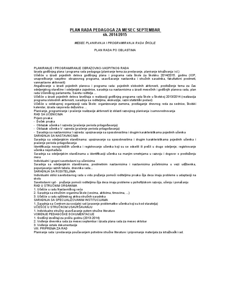Plan Rada Pedagoga Septembar | PDF