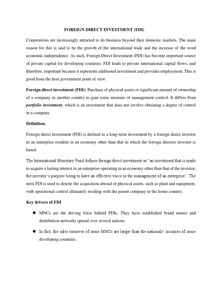 Foreign Direct Investment (FDI) : Purchase of Physical Assets or Significant Amount of Ownership ...