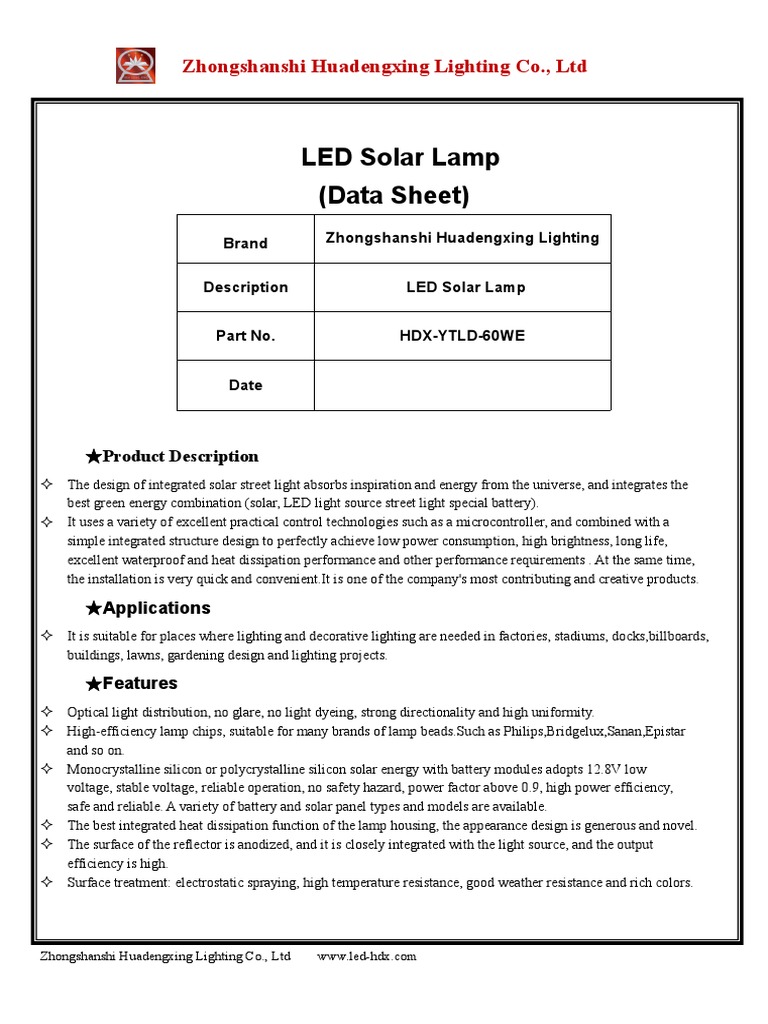 HDX LED Solar Light Specifications 60W | PDF | Lighting | Light ...