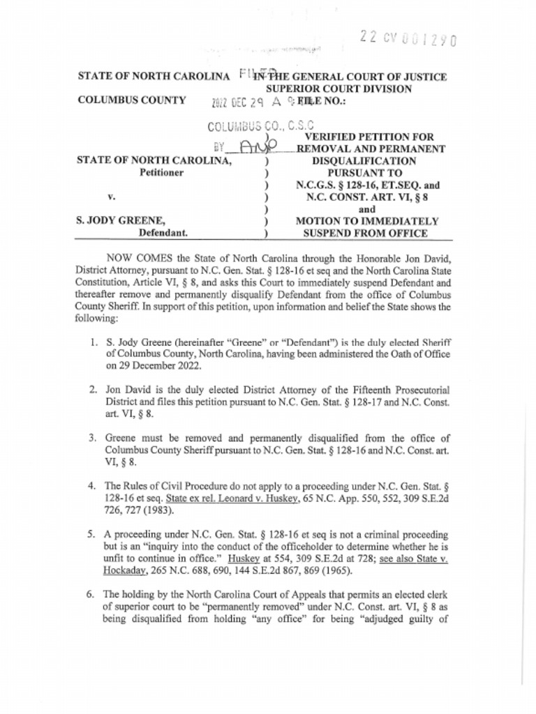 Petition For Removal (22cvs1290) : State of NC v. S Jody Greene | PDF ...