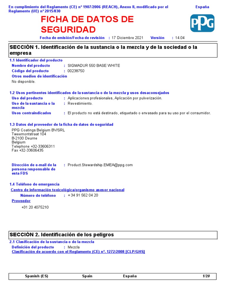 Sigmadur 550 Ficha Seguridad Oller Pintures PPG | PDF | Agua | Naturaleza