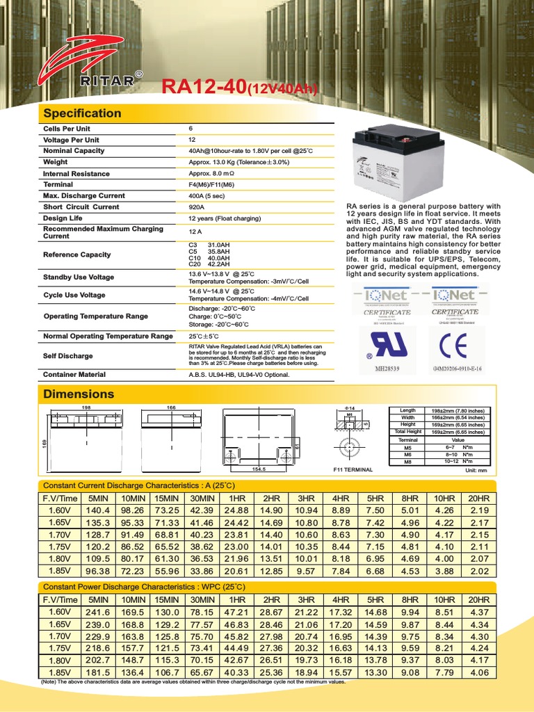 Specification: Constant Current Discharge Characteristics: A (25) | PDF ...