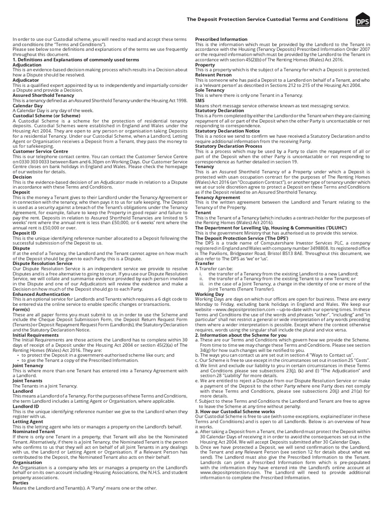 DPS Custodial Terms and Conditions | PDF | Leasehold Estate | Landlord