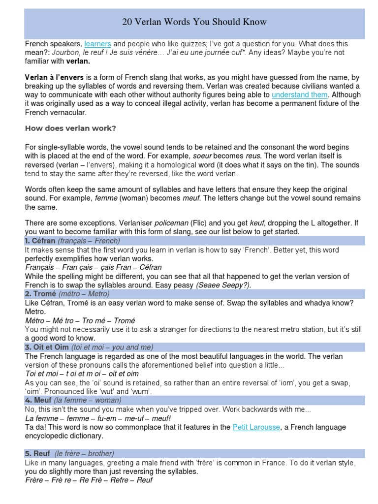 20 Verlan Words You Should Know | PDF | Linguistics | Languages