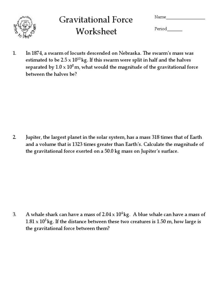 Gravitational Force Worksheet: Name Period | PDF