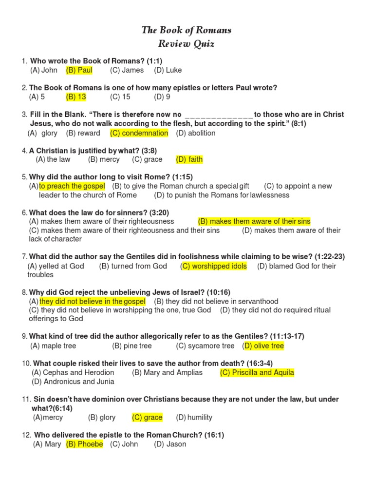 Romans Quiz: Questions & Answers | PDF | Epistle To The Romans | Theology