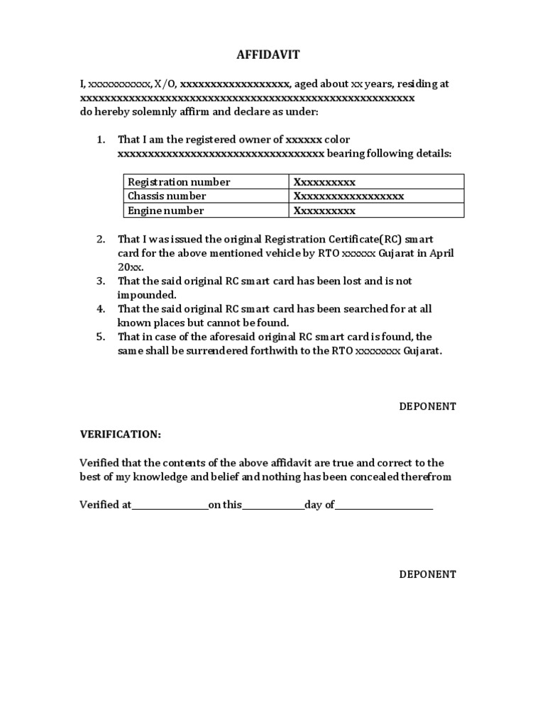 Sample Affidavit For RC Book Lost | PDF | Law