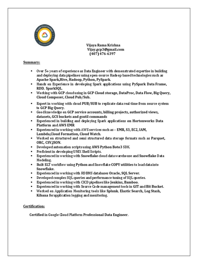 GCP Data Engineer Resume Overview | PDF | Apache Hadoop | Apache Spark