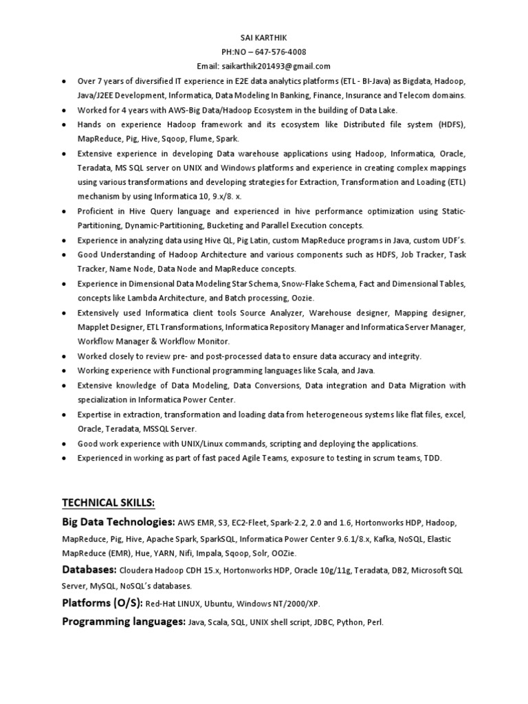 Dice Resume CV SAI KARTHIK | PDF | Apache Spark | Apache Hadoop