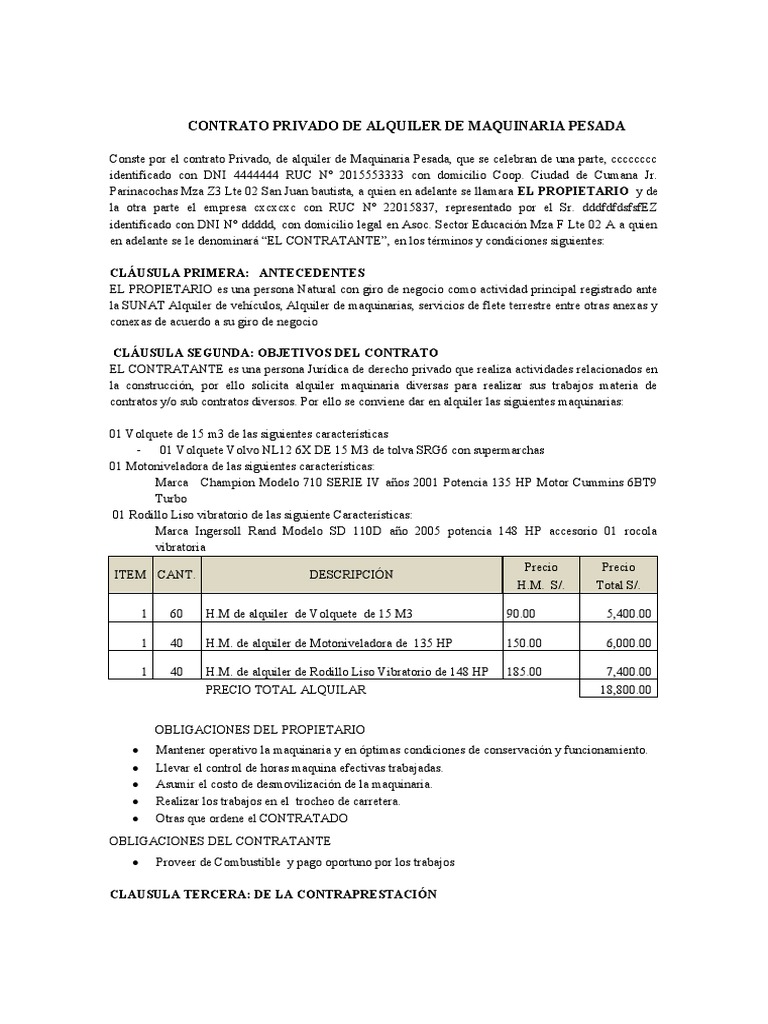 Contrato de Alquiler de Maquinaria | PDF | Derecho privado | Derecho civil (sistema legal)