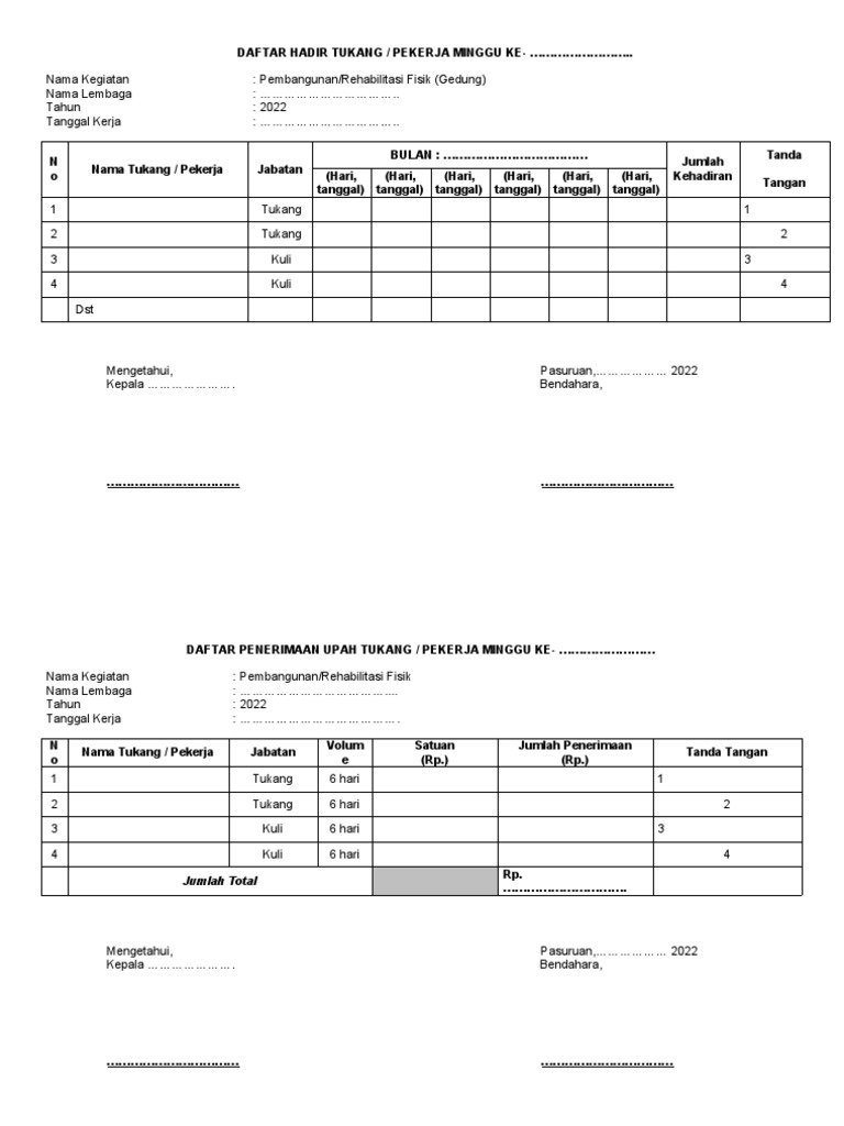 Contoh Daftar Hadir Dan Ongkos Tukang | PDF