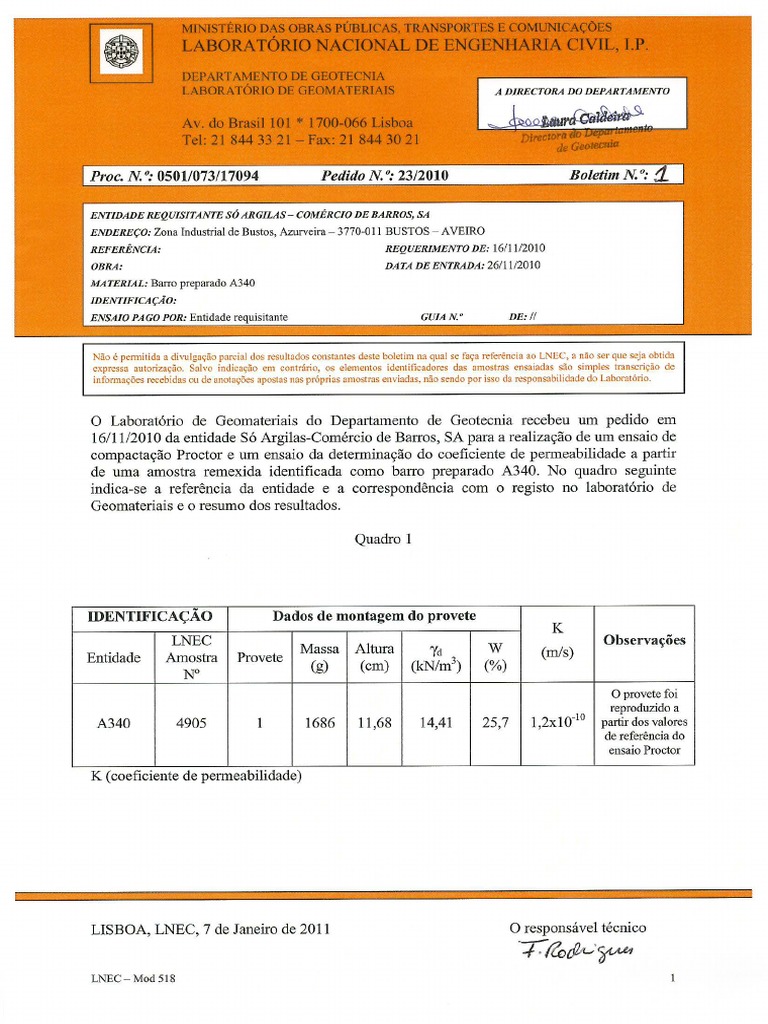 Ensaio LNEC Coeficiente Permeabilidade A340 | PDF