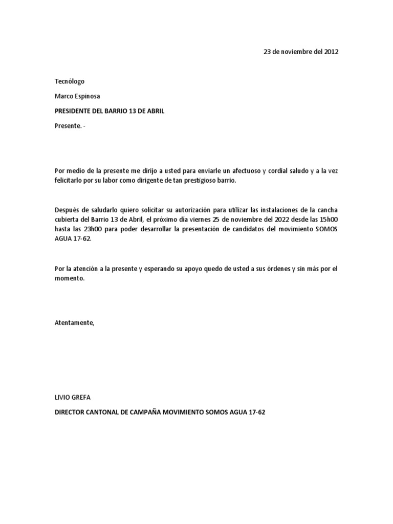 Solicitud Uso Cancha Barrio 13 de Abril | PDF