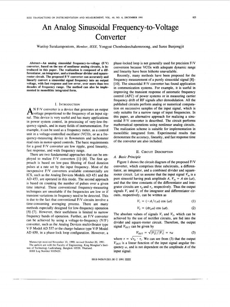 An Analog Sinusoidal Frequency To Voltage Converter Pdf Operational Amplifier Electronic 