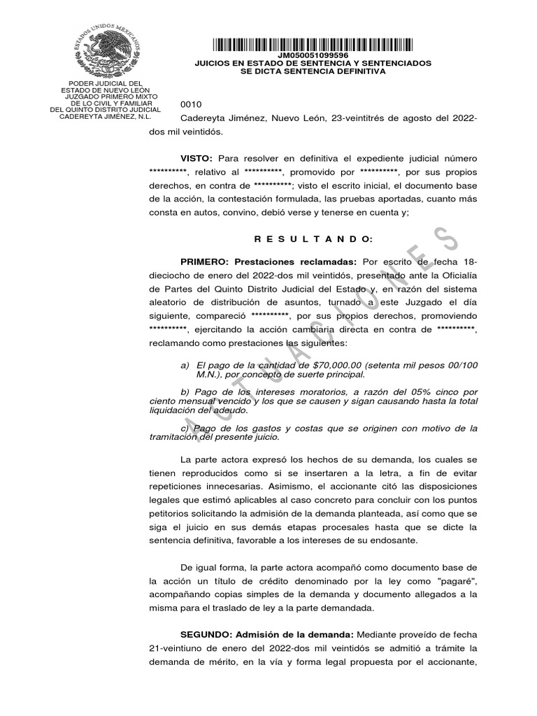Sentencia Procedente Pagare Nuevo León | PDF | Sentencia (ley ...