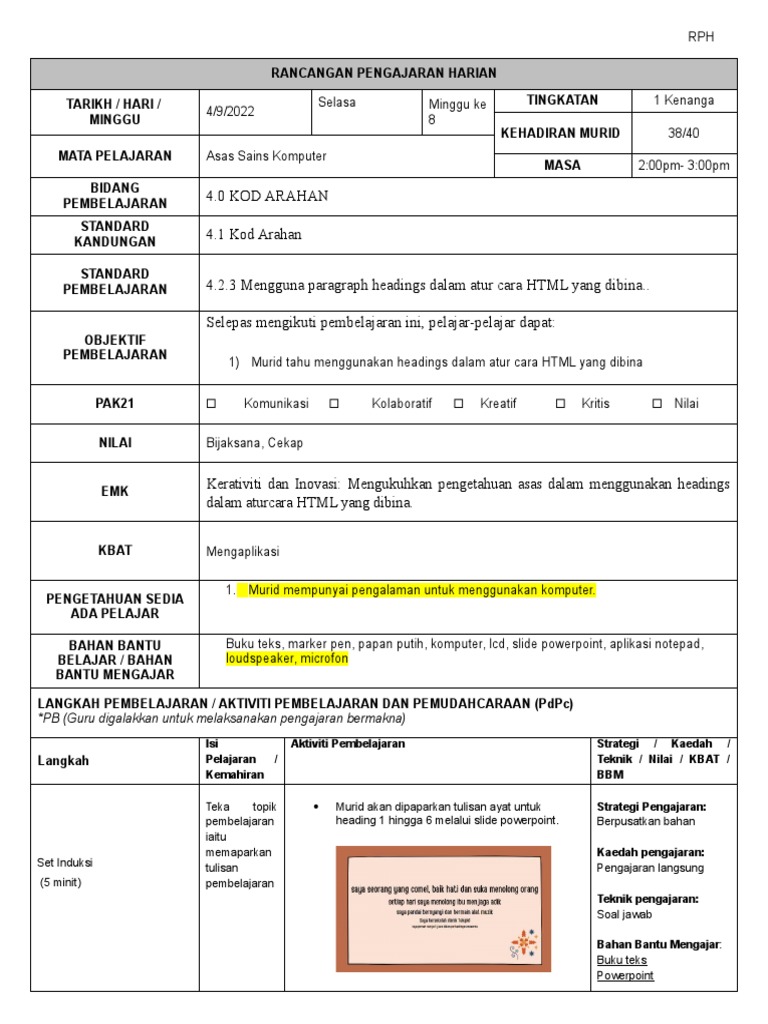 RPH - Ask 4.2.3 1cempaka - Penambahbaikan | PDF