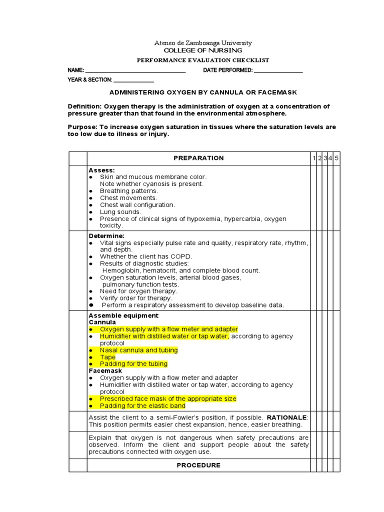 RLE Checklist Administering Oxygen by Cannula or Facemask | Download ...