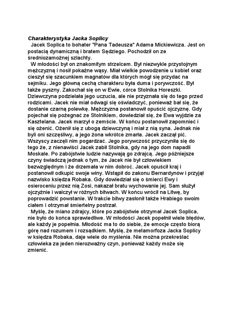 Charakterystyka Jacka Soplicy | PDF