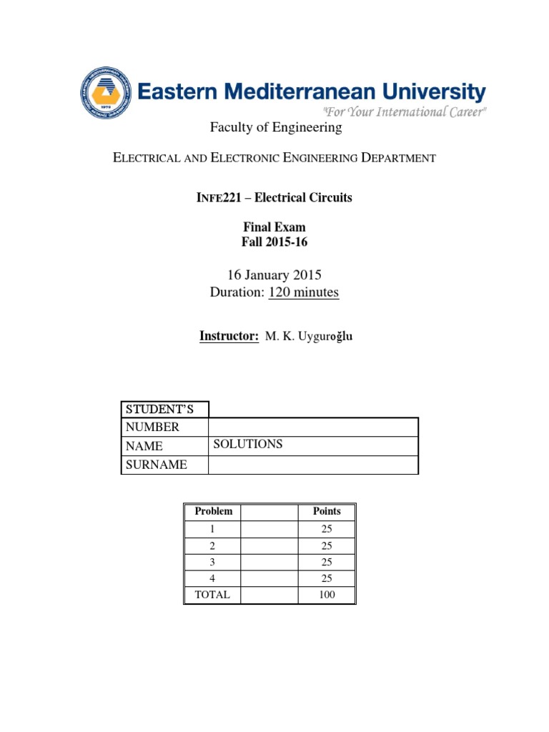 Infe221 Finalexam f15 16 Solutions | PDF | Electrical Network | Voltage
