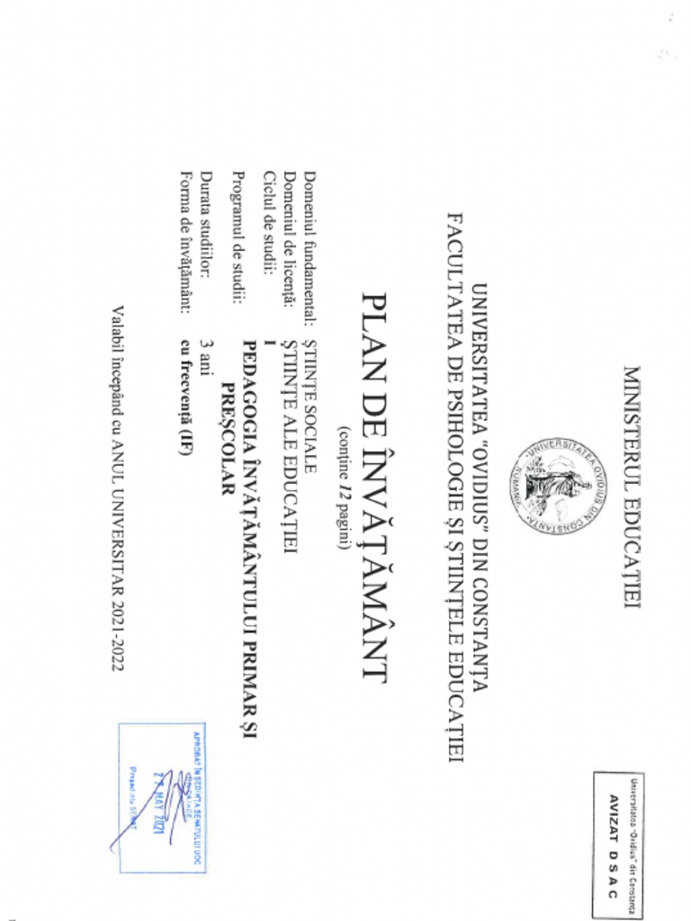Plan de Invatamant Pedagogia Invatamantului Primar Si Prescolar - 2021 ...